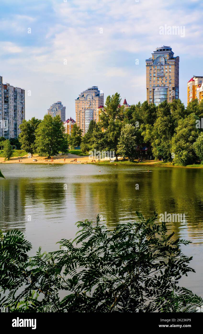 Modern buildings around the Verbne lake in the obolon district of Kiev ...