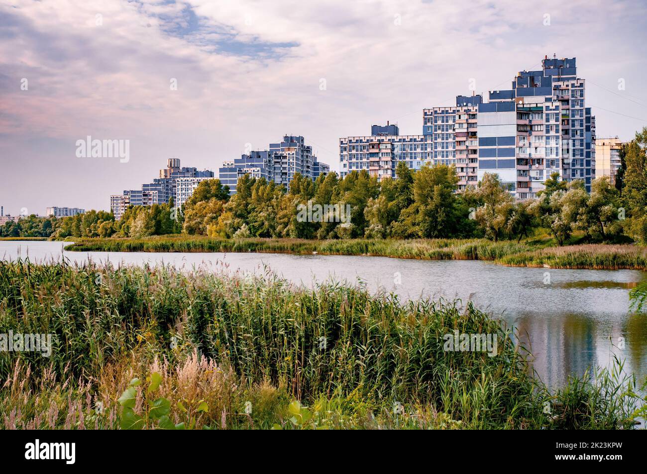 Modern buildings around the Verbne lake in the obolon district of Kiev ...