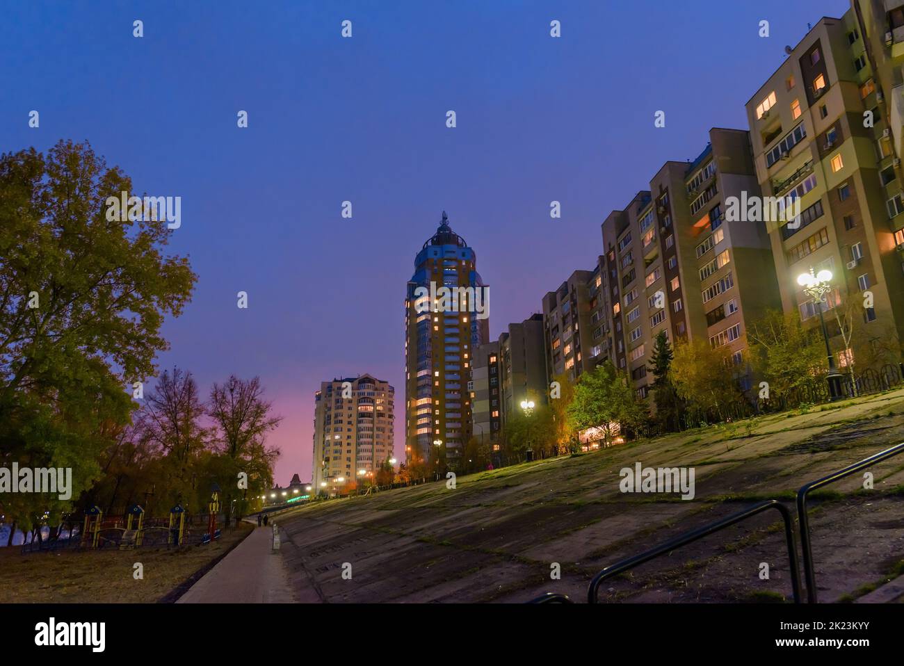 Night view of modern buildings in the Obolon district of Kiev, Ukraine ...