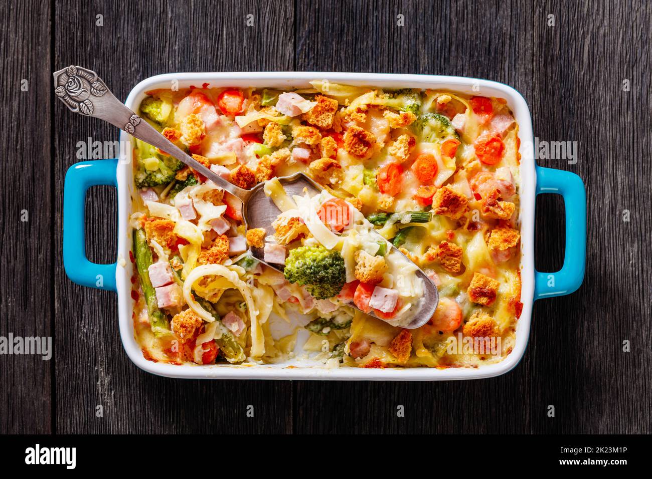 Ham and Noodle Casserole with egg noodles, chopped ham, carrots, broccoli, asparagus and a rich ...