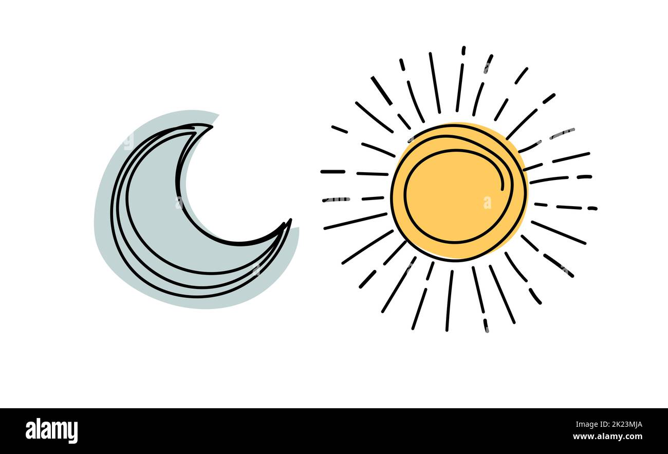 Outline weather icons set, crescent moon and sun, simple boho hand ...