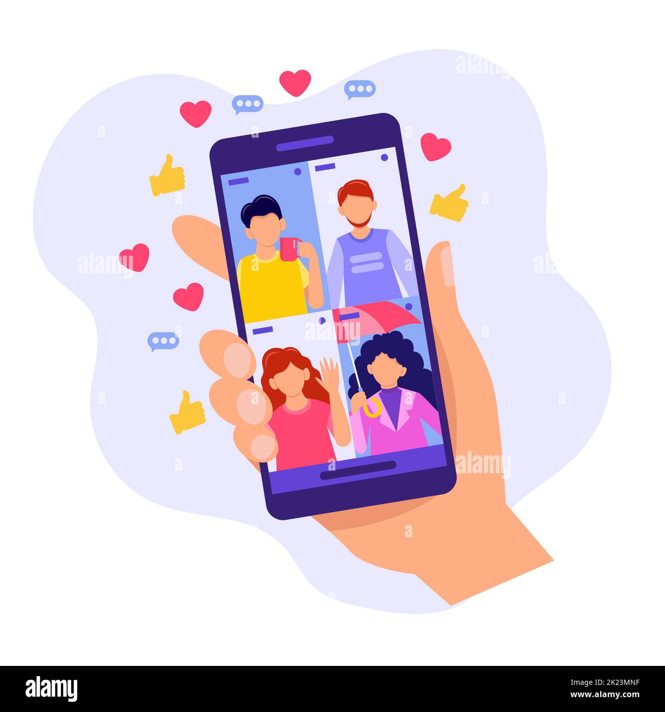 A hand is holding a smartphone, with friends chatting on the screen ...