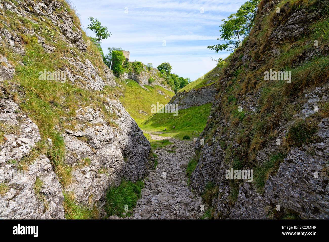 Narrow section of Cave Dale opens out to grass covered slopes where ...