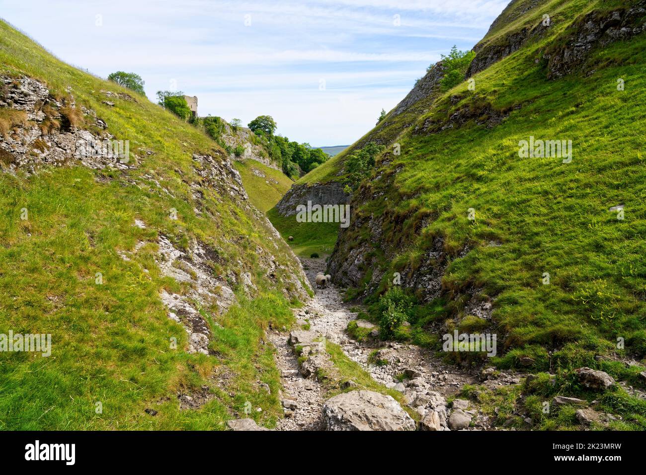 The walls of Cave Dale close in on a rugged rock strewn path Stock ...