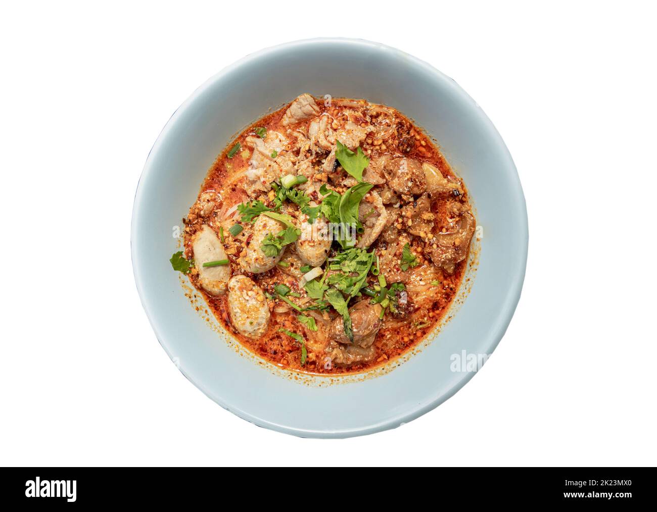 Spicy tom yum rice stick noodles (Thai spicy soup) with braised pork ...