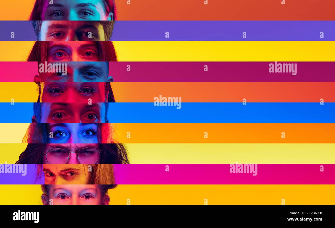 Composite image of close-up male and female eyes isolated on colored ...