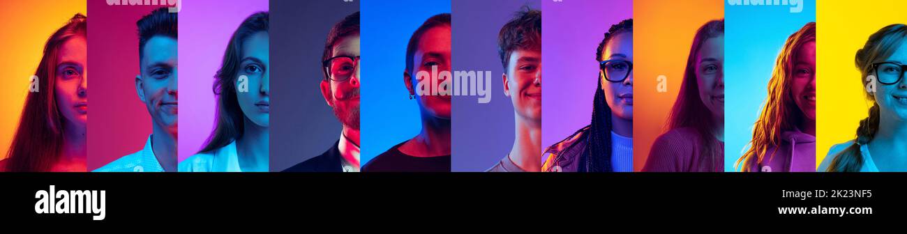 Collage made of half of male and female faces expressing different ...