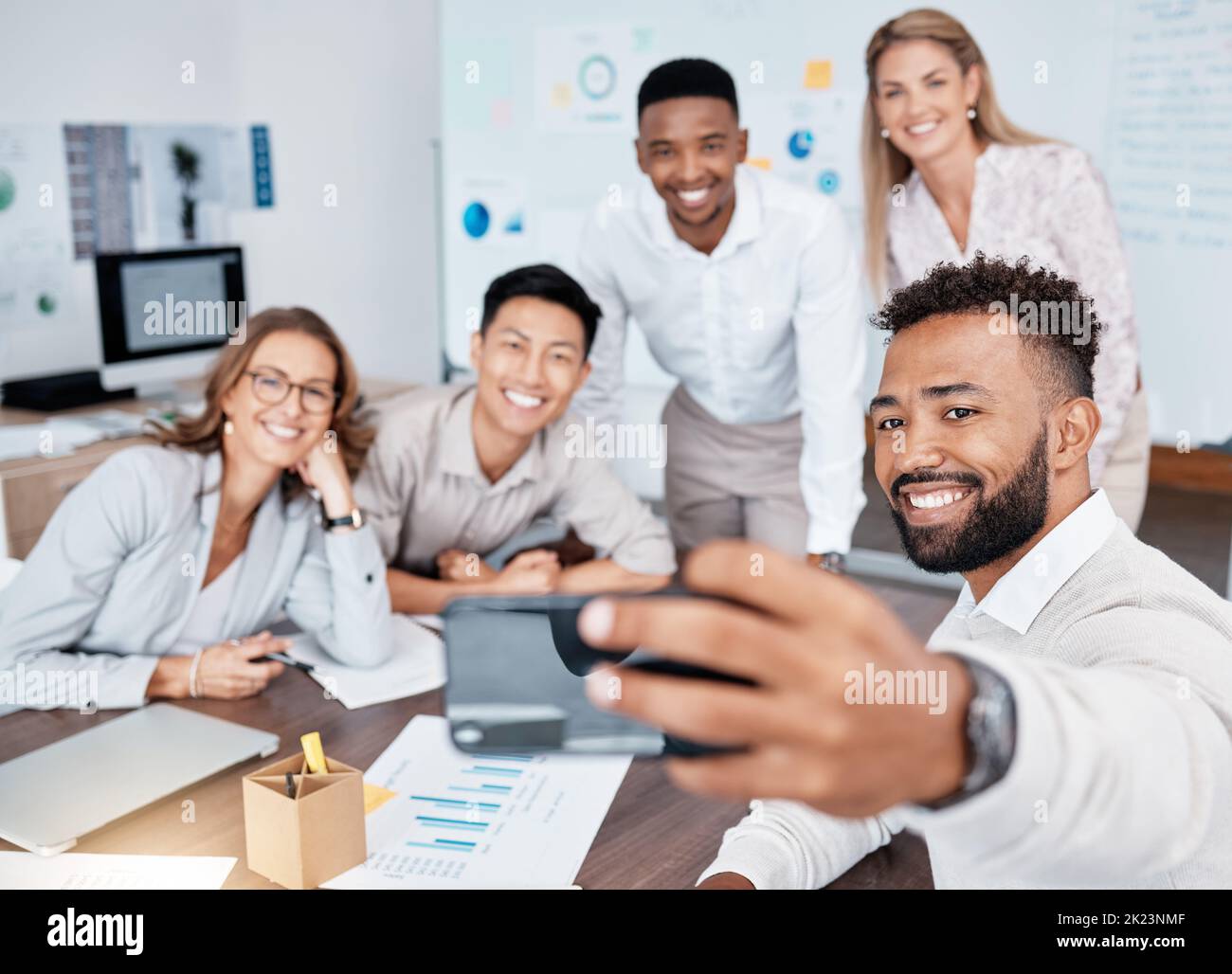 Business team, selfie and teamwork during data analysis meeting with ...