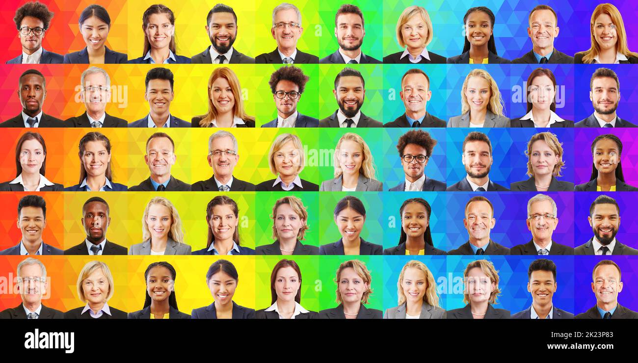 Panorama of many business portraits in front of a patterned rainbow ...