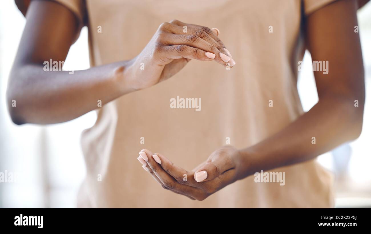 Advertising, mock up and empty hands of woman marketing and holding ...