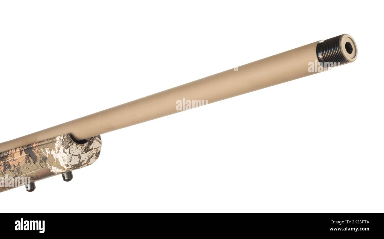Tan rifle barrel that is threaded on the end isolated on white Stock ...