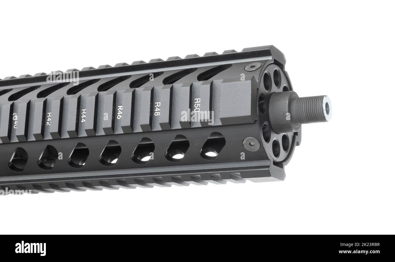 Threaded barrel and fore end rails on an AR-15 isolated on white Stock ...