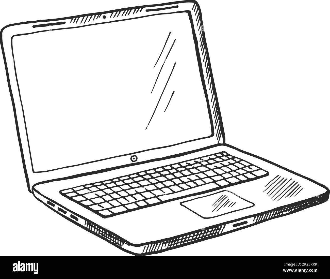 Laptop sketch. Open computer with blank screen in hand drawn style ...