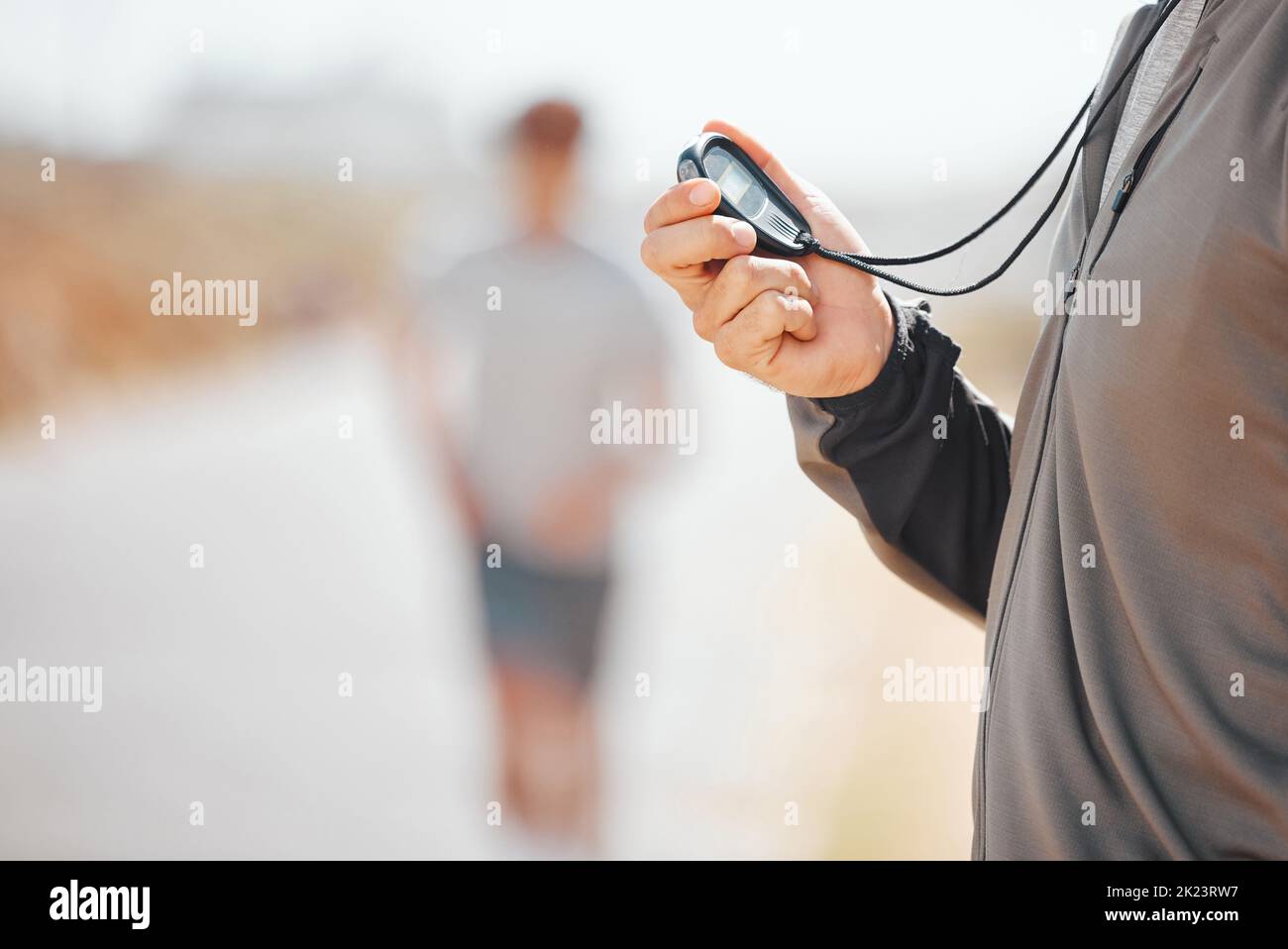 Fitness, coach and stopwatch of hands, time and runner speed and ...