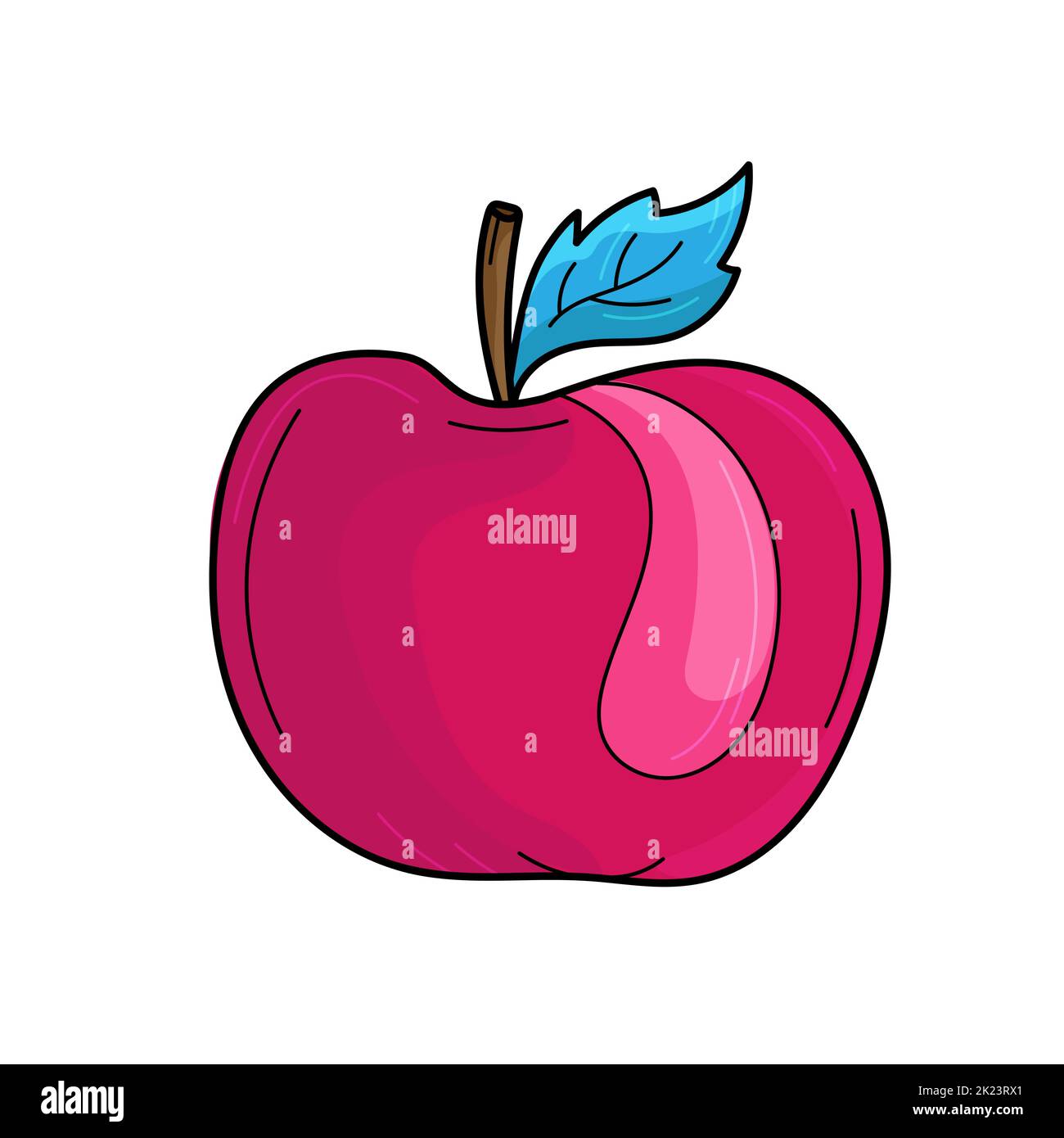 Pink apple with blue leaves in cartoon style on a white backgrund ...