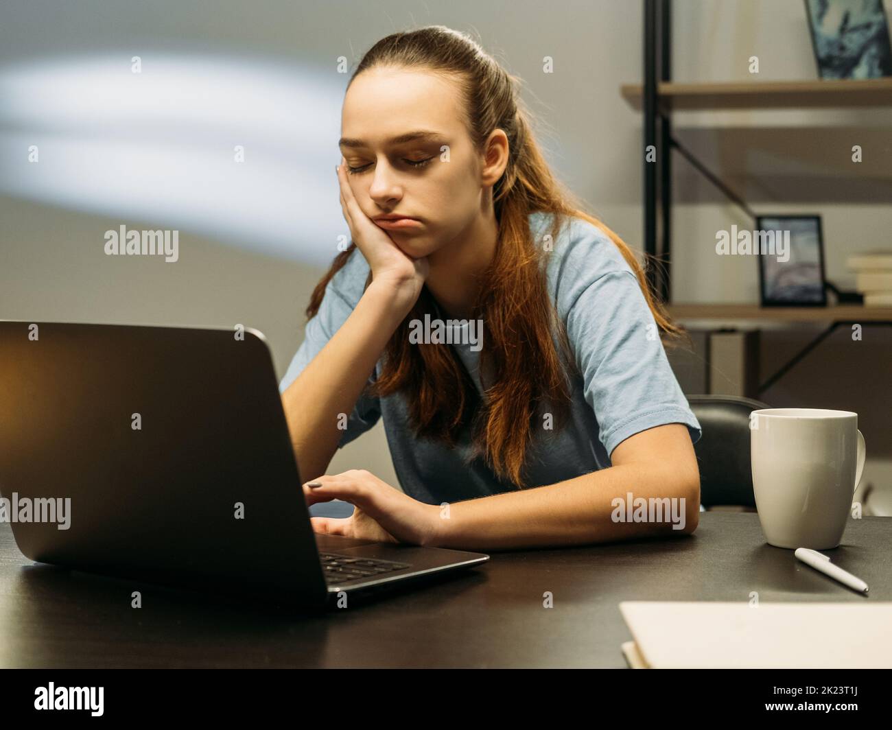 Boring online meeting. Workaholic lifestyle. Working late. Tired ...