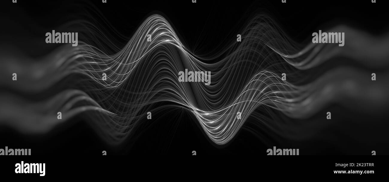 Black abstract glowing luminous wavy threads and strands background ...