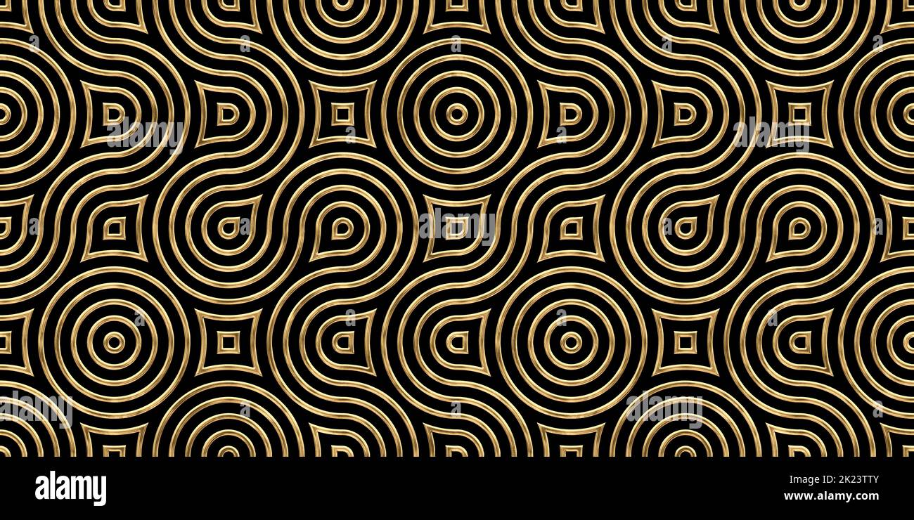 Seamless golden Art Deco wavy stripes and circles pattern. Vintage ...