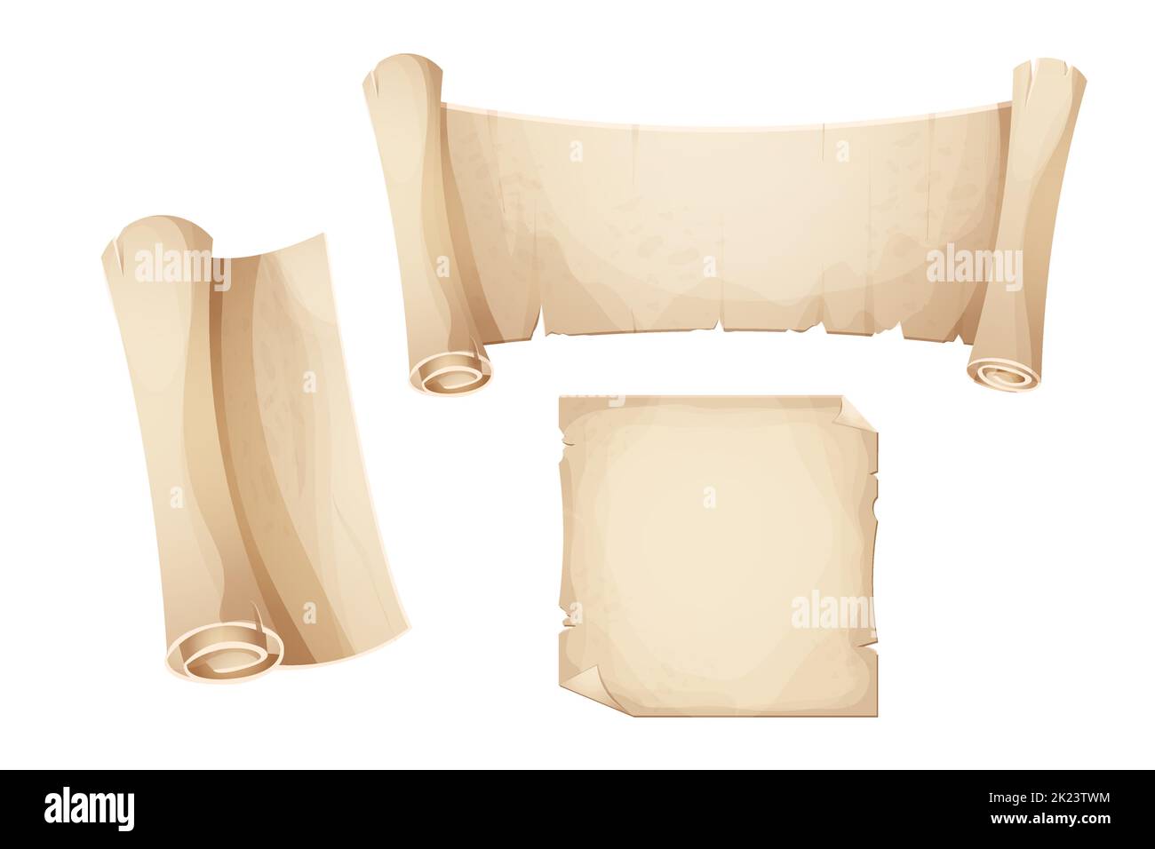 Set ancient old parchment paper, scroll, page empty medieval letter in cartoon style isolated on ...