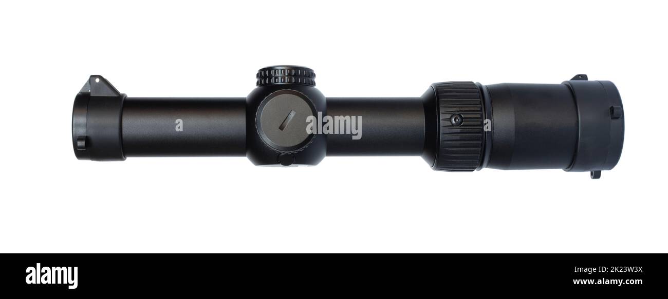 Side view of a riflescope with lens covers on isolated on white Stock ...