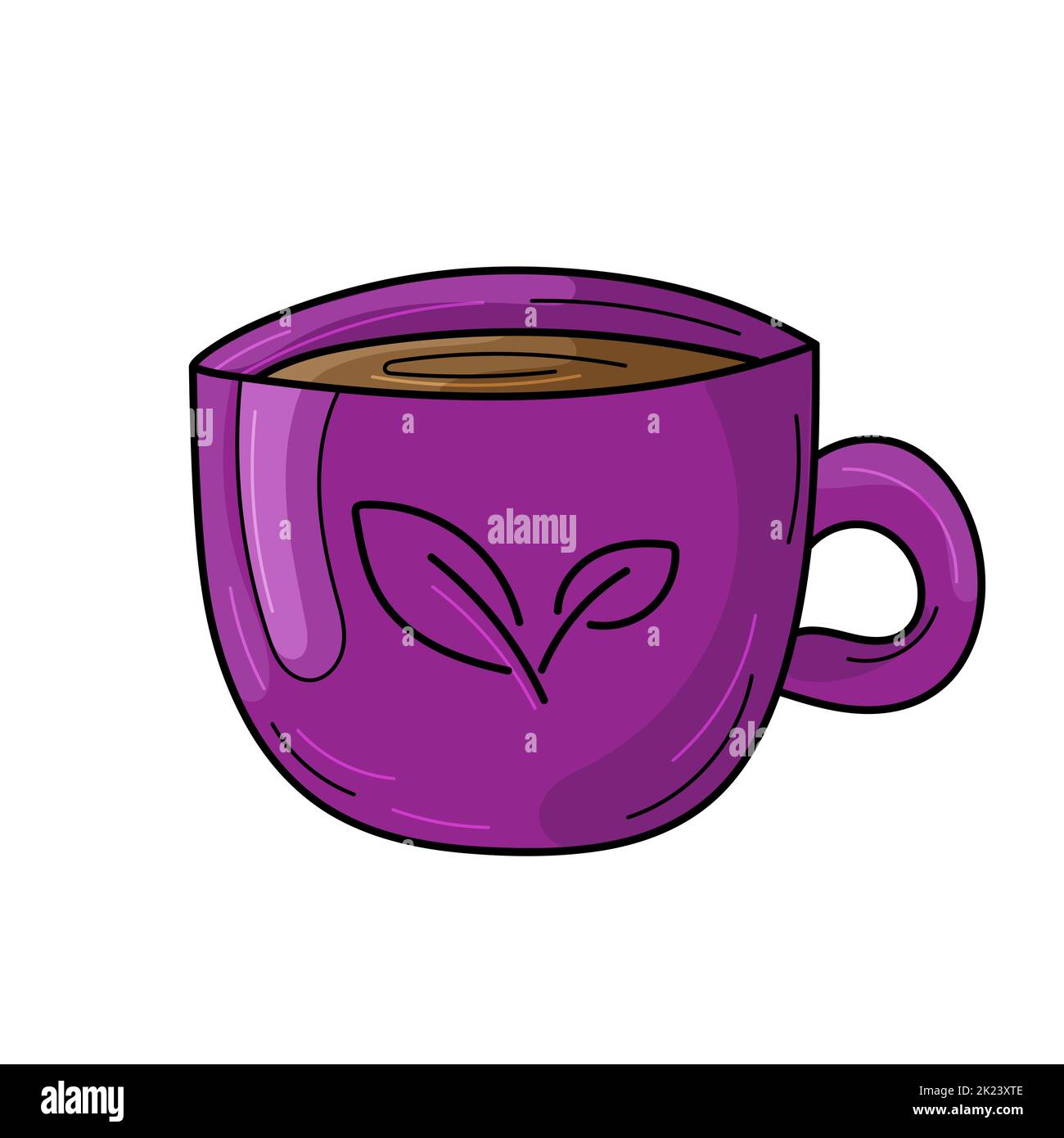Violet cup of coffee or tea. Drawing of a leaf on a cup. Autumn mood ...