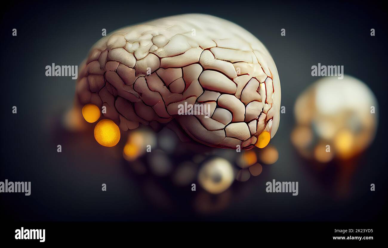 Brain and glow in the dark art illustration. Bokeh effect. Focus in the center. Digital ...