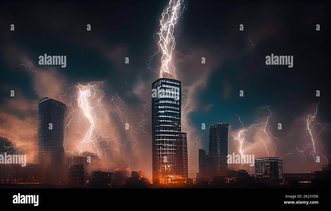 A lot of lightning strikes skyscrapers. Tornado earth. City skyscrapers ...
