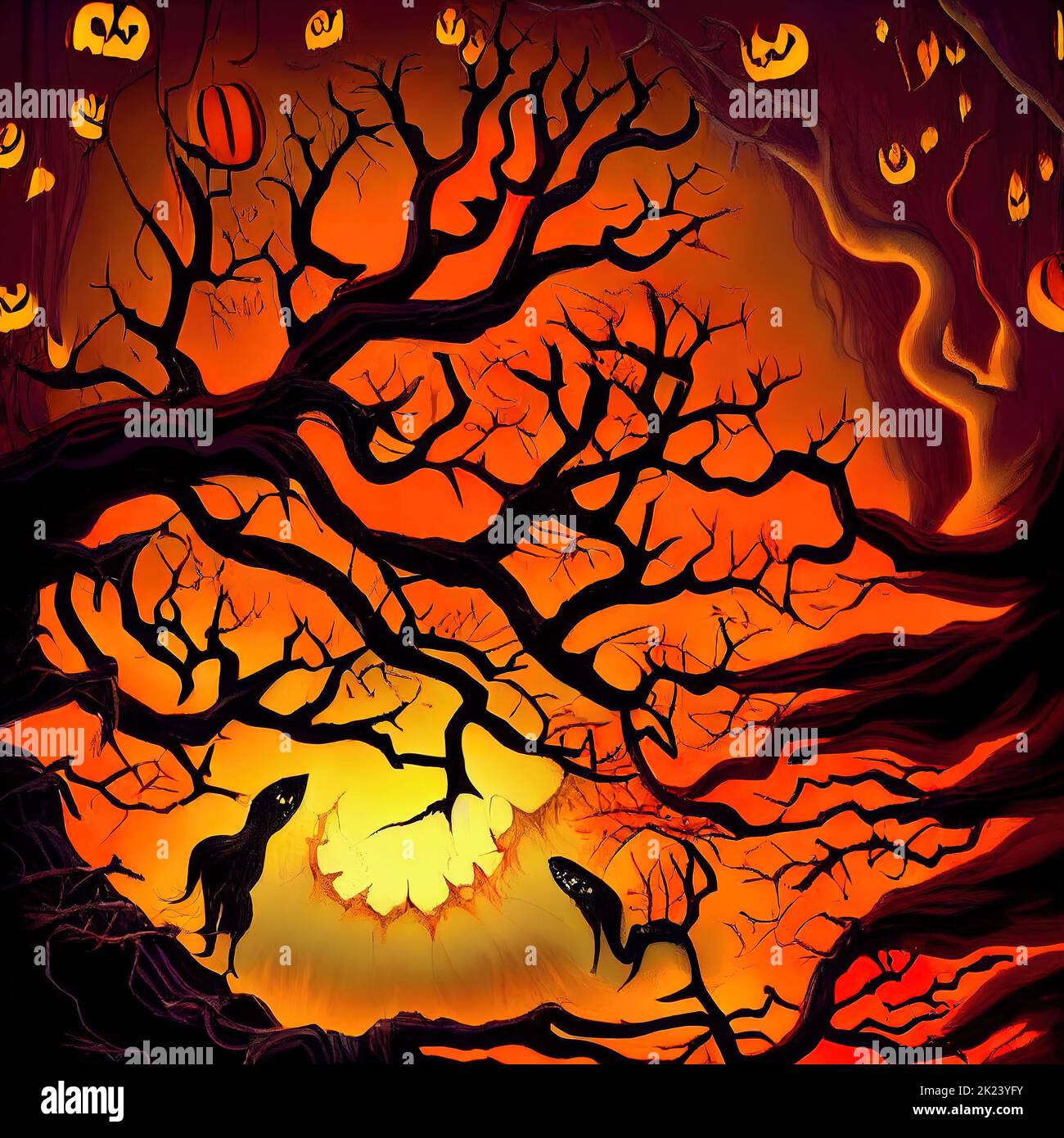 Cartoon autumn forest with pumpkins and ghosts. Digital illustration ...