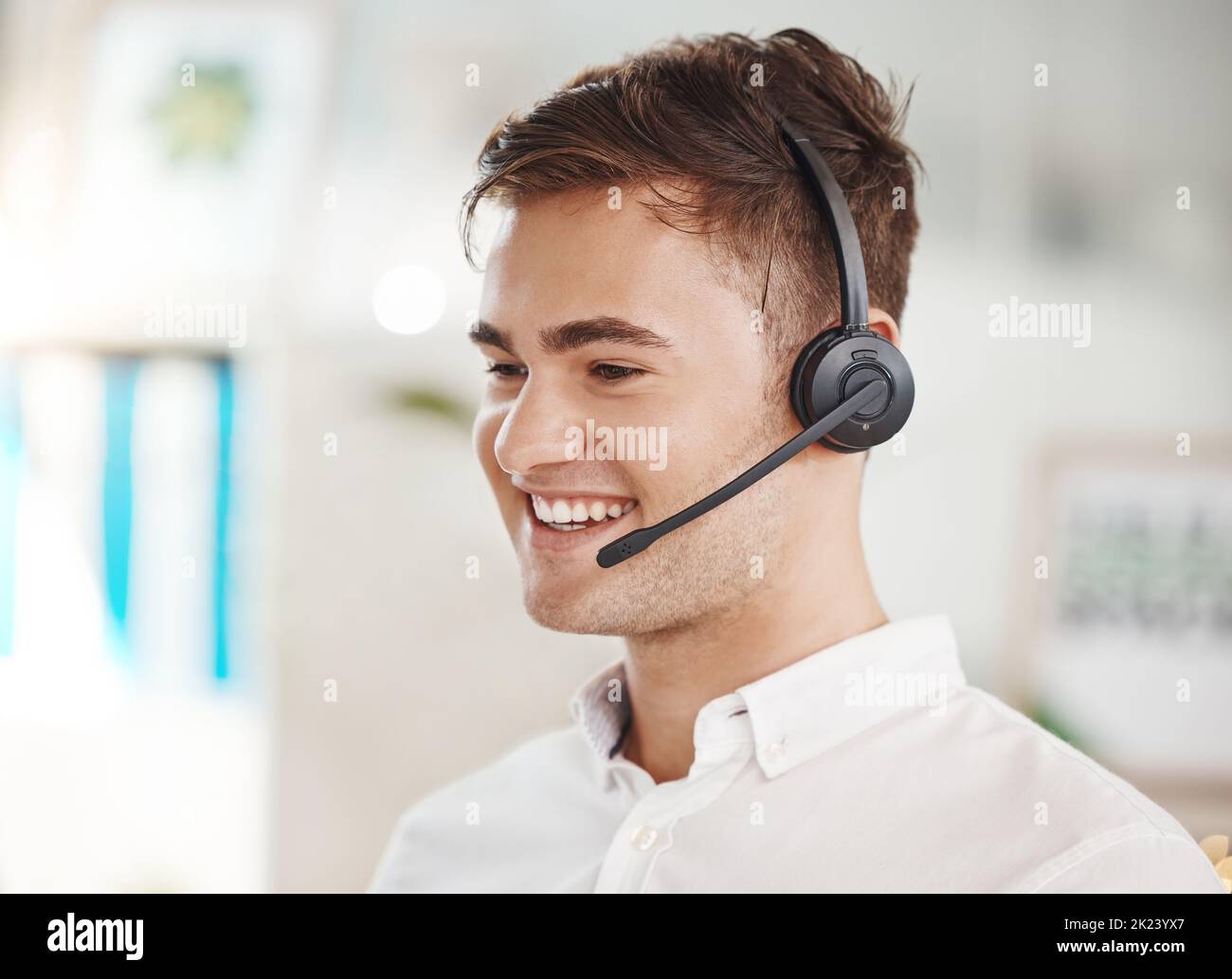 Happy sales man, call center agent, and contact us telemarketing worker ...