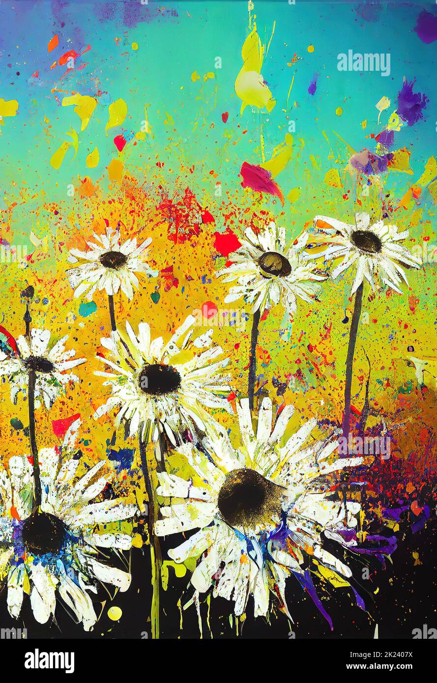 Picturesque abstract painting with daisies. Abstract bright daisies in ...