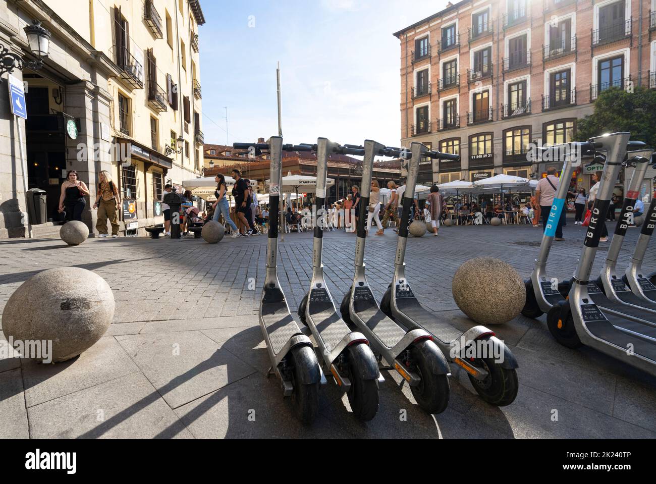 Madrid, Spain. September 2022. some electric scooters for rent on a ...