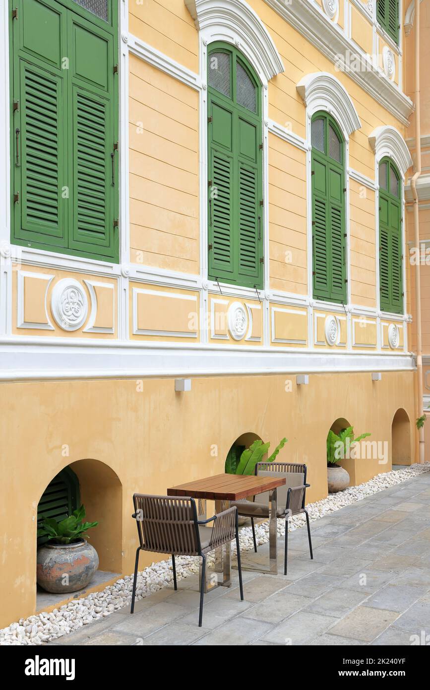 furniture outdoor table set and Cushion made of fabric Placed on a ...