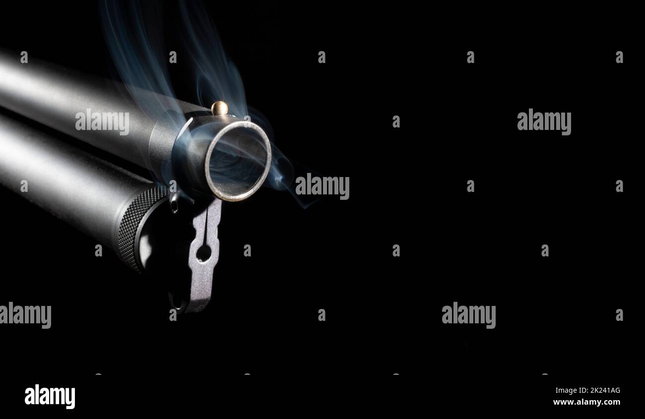 Smoking shotgun on black with room for copy to the right Stock Photo ...
