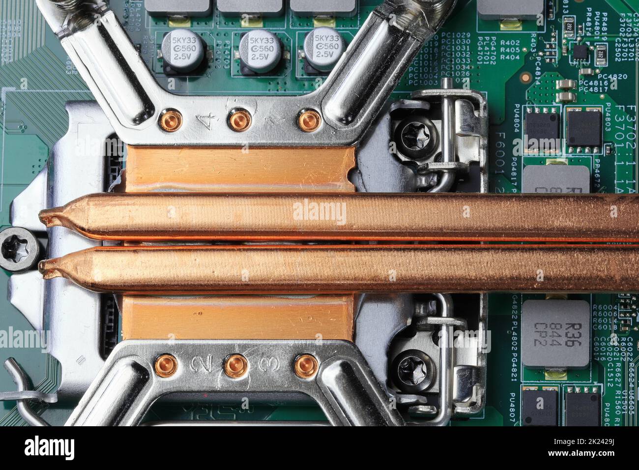 Close up heat sink or heat pipe or computer processor cooler or ...