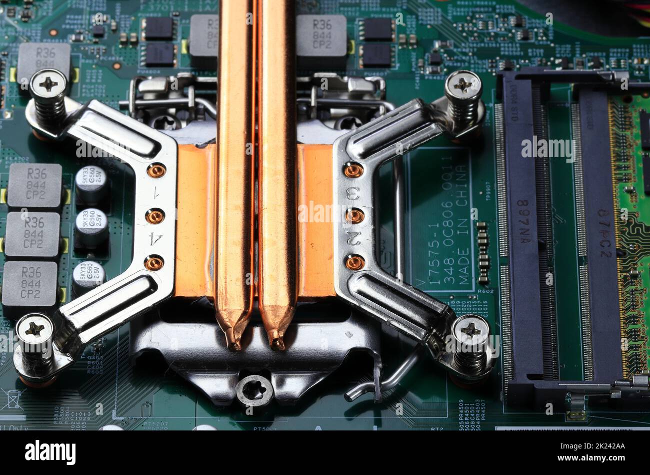 Close up heat sink or heat pipe or computer processor cooler or radiator on notebook computer ...