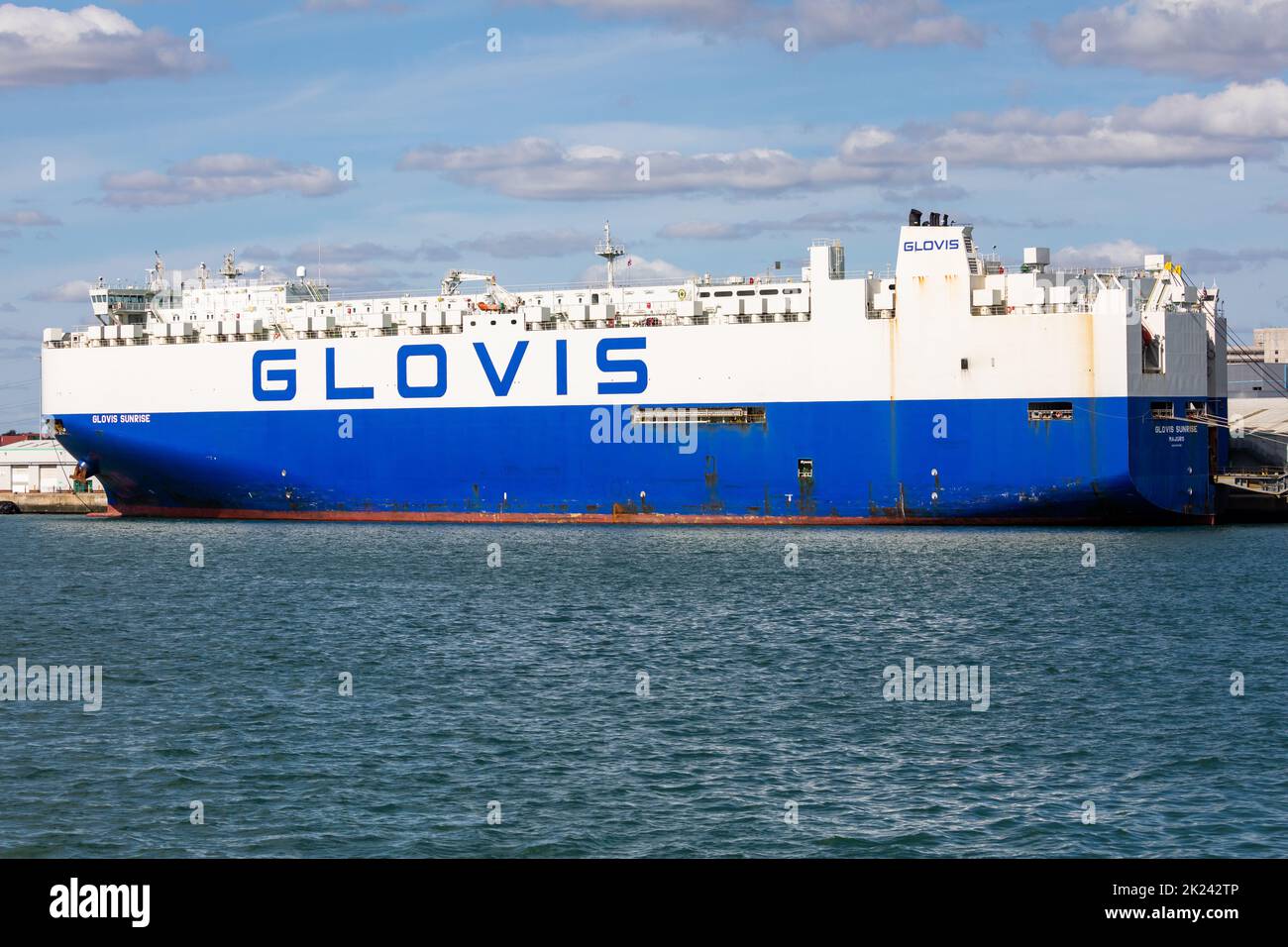 Glovis car transporter ship unloading Tesla vehicles in Southampton, UK ...