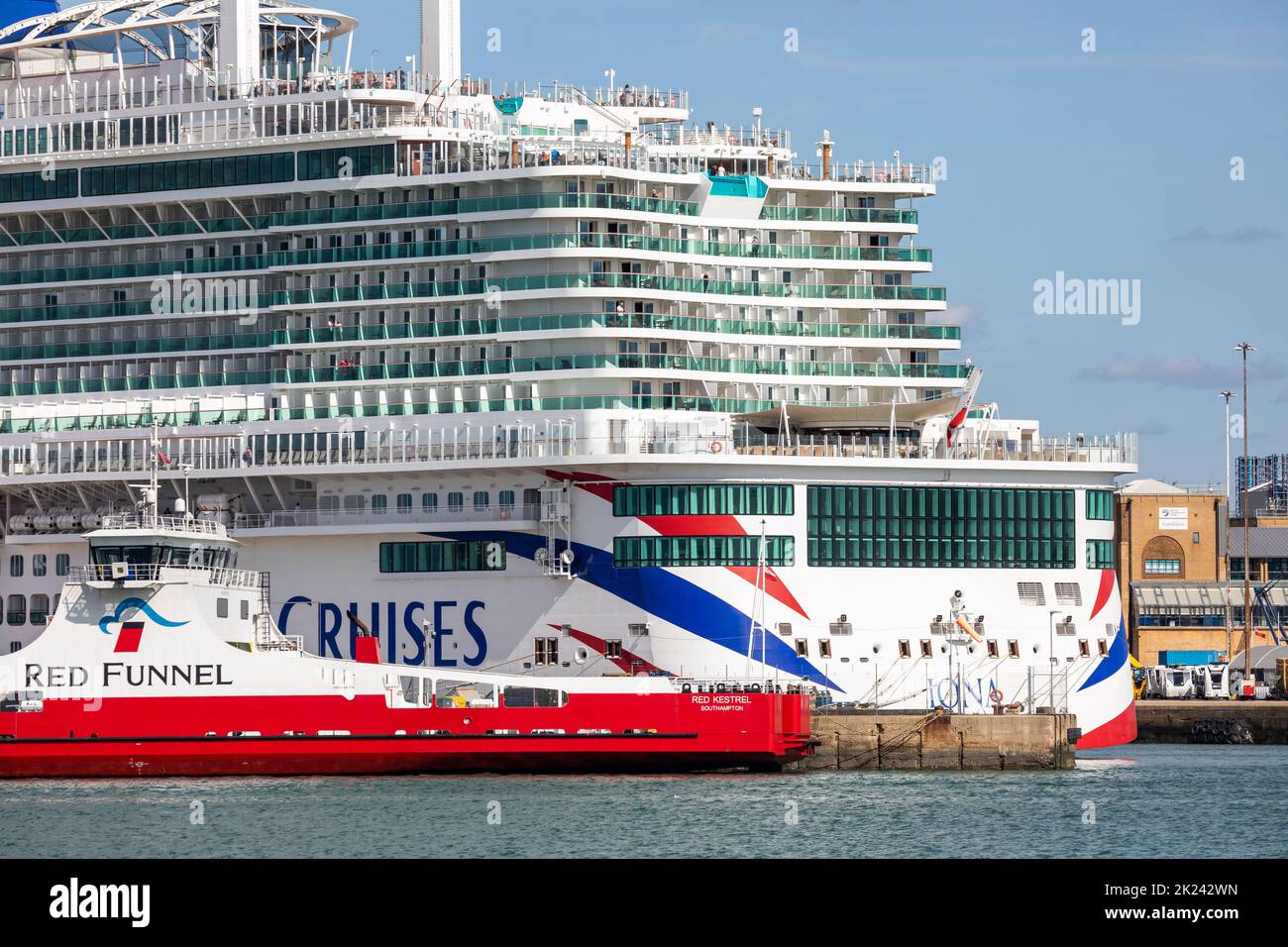 Red Funnel next to P&O cruise ship IONA docked in Southampton, UK Stock ...
