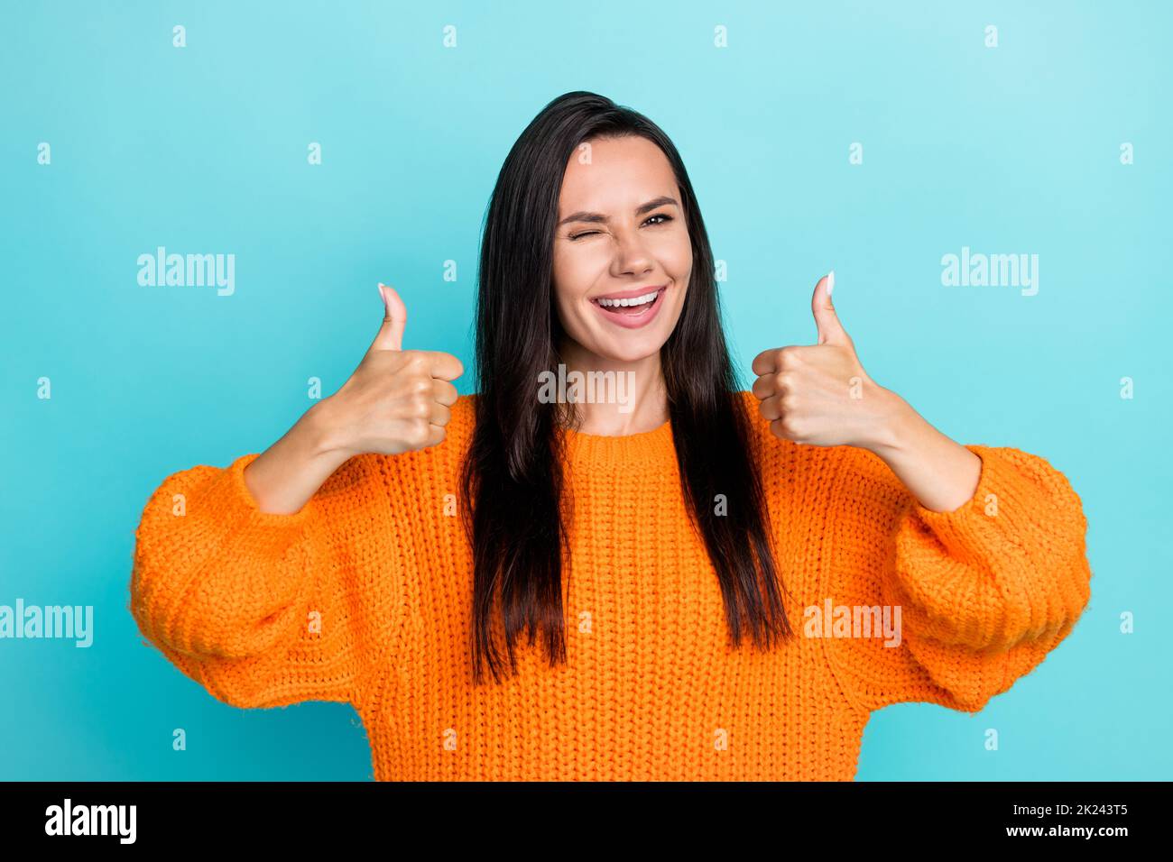 Portrait of nice positive lady eye wink demonstrate thumb up approve ...