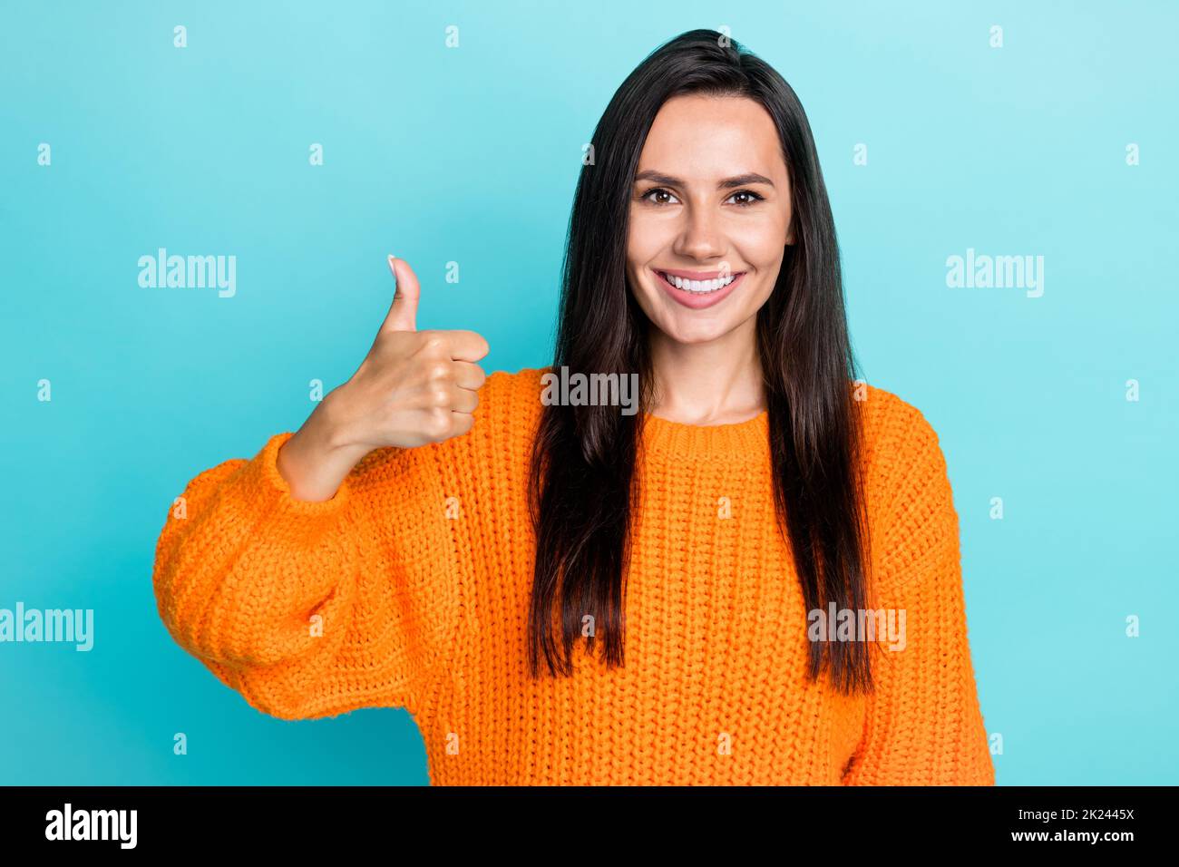 Portrait of positive person toothy smile hand finger demonstrate thumb ...