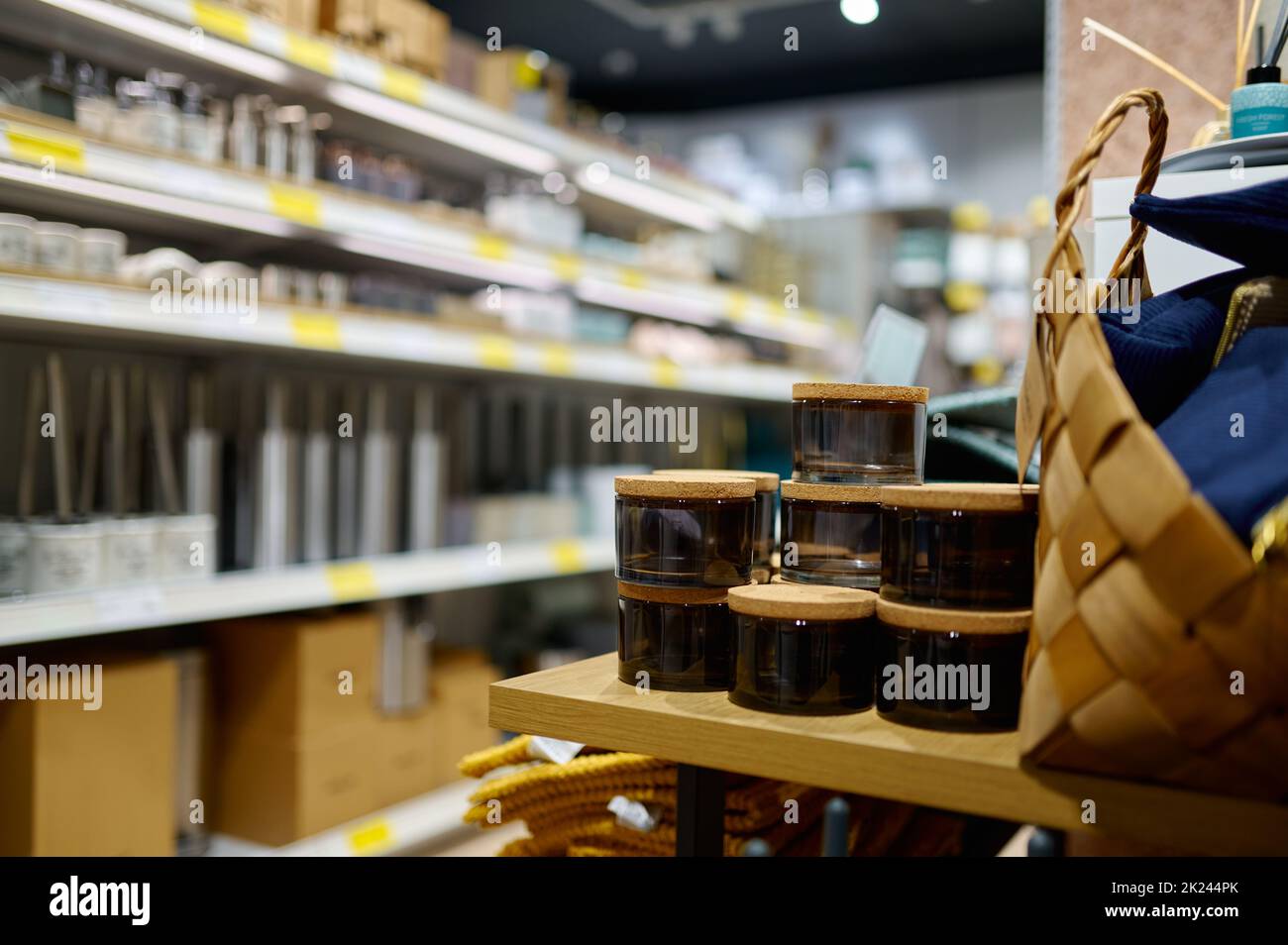 Household goods shopping center showcase selective focus. Shelving with ...