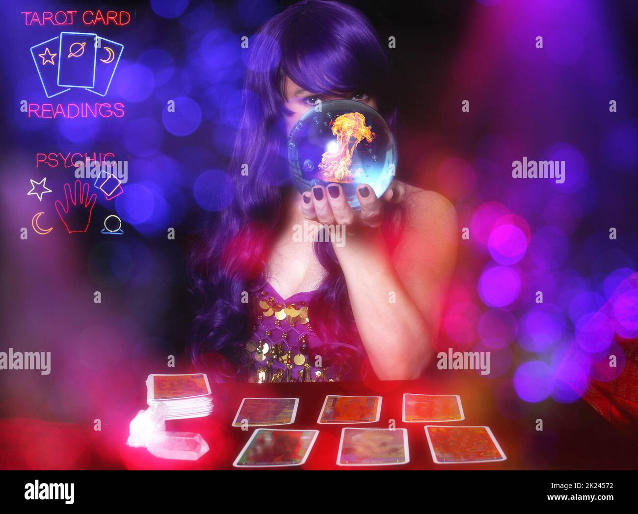 Psychic Tarot Card Reader With Vintage Neon Signs Stock Photo - Alamy