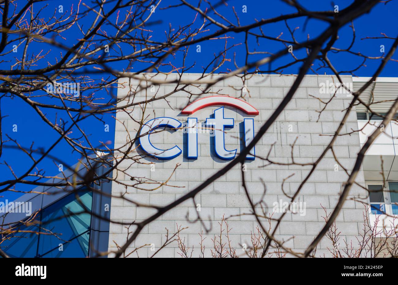 A picture of the Citibank logo on display in a building as seen from ...