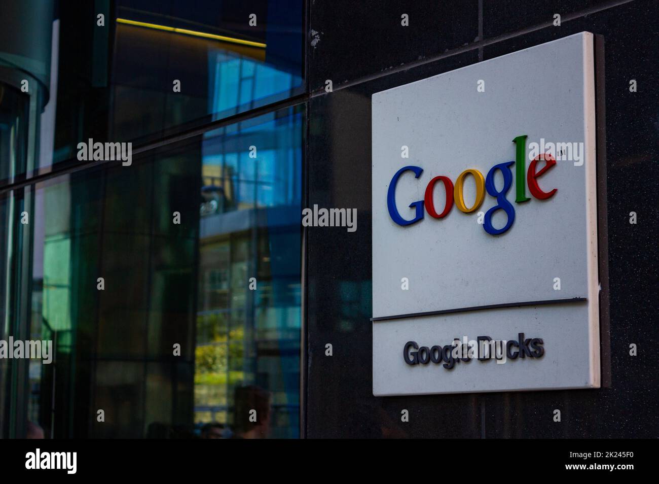 A picture of the Google logo and sign at the Google Docks in Dublin ...