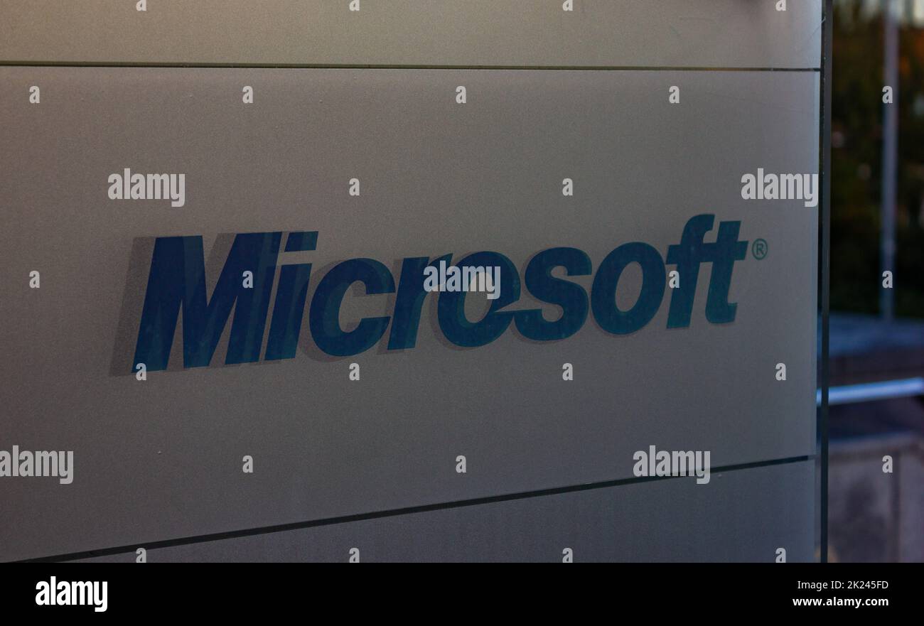 A picture of the Microsoft logo outside a building, in Dublin Stock ...