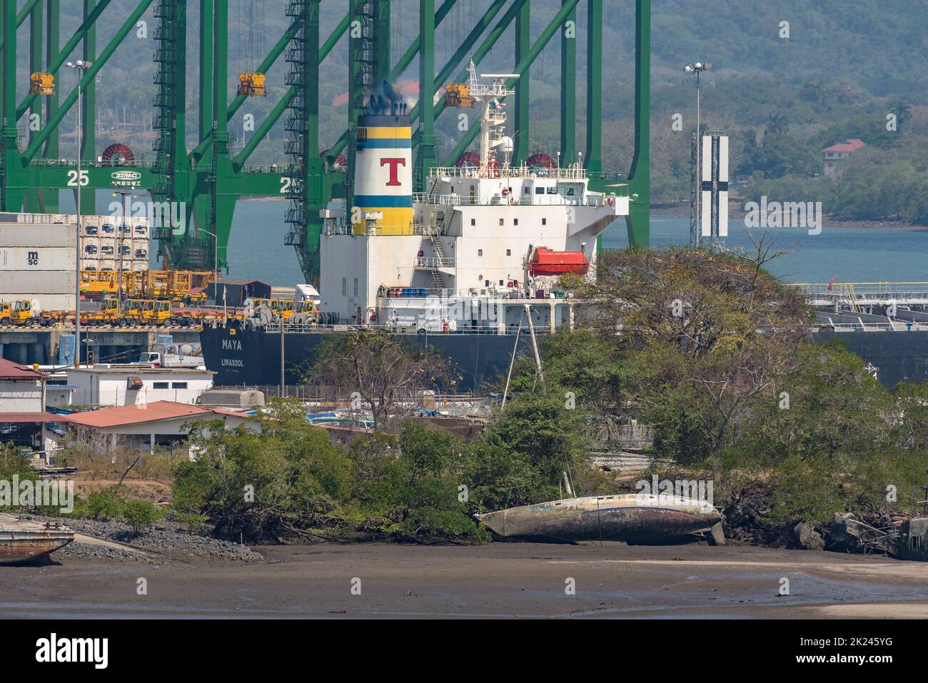 Entrance to the Panama Canal and container loading area in the port of ...