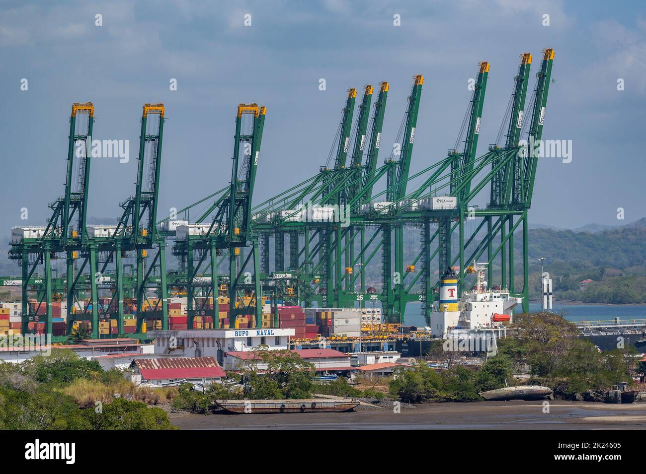 Entrance to the Panama Canal and container loading area in the port of ...