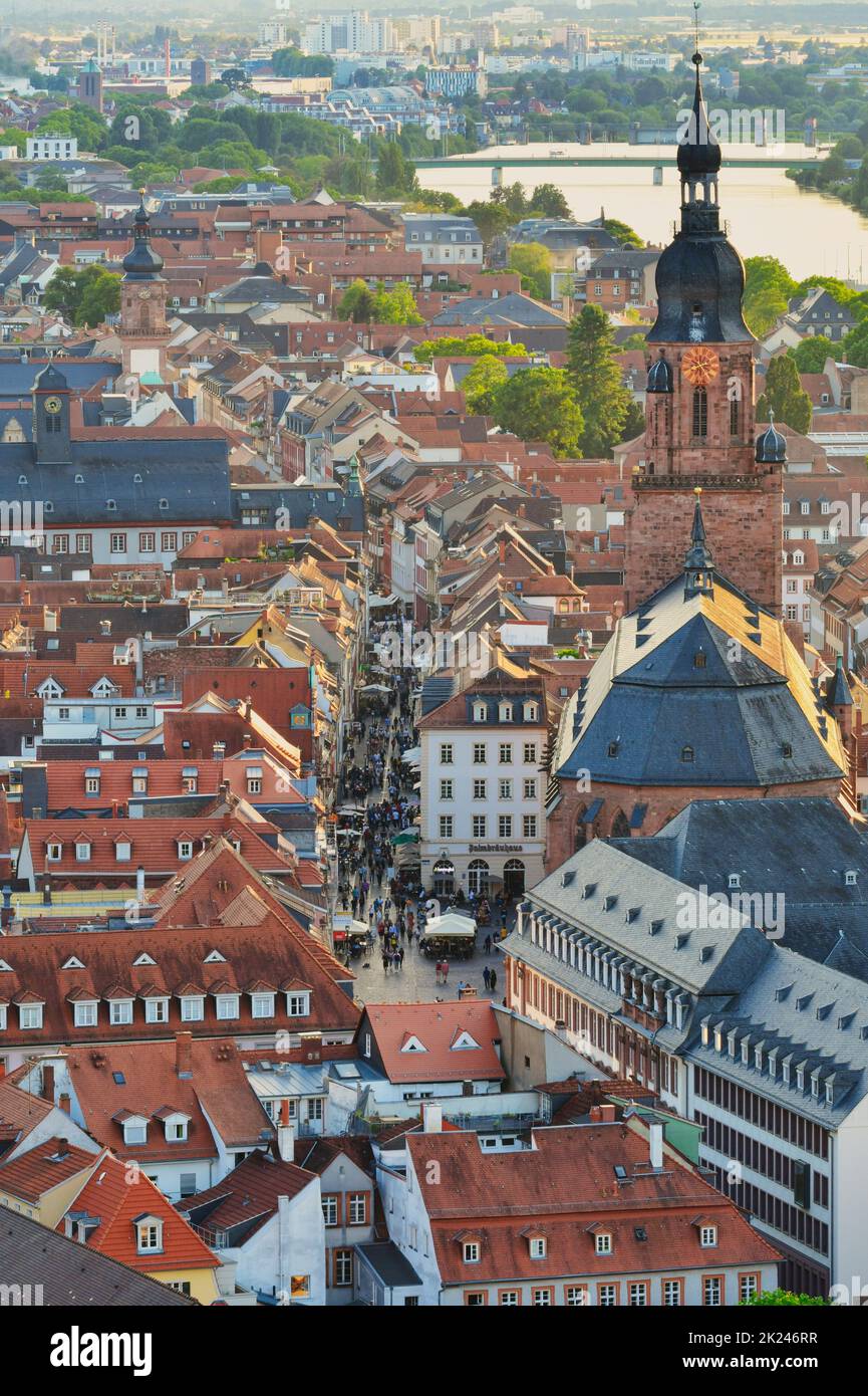The Old Town of Heidelberg with the pedestrian zone and the Church of ...