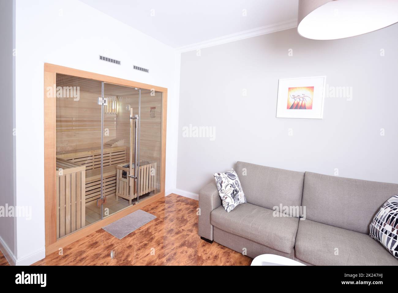 cozy room sauna grey sofa indoor relax enjoy life homemade wooden floor ...