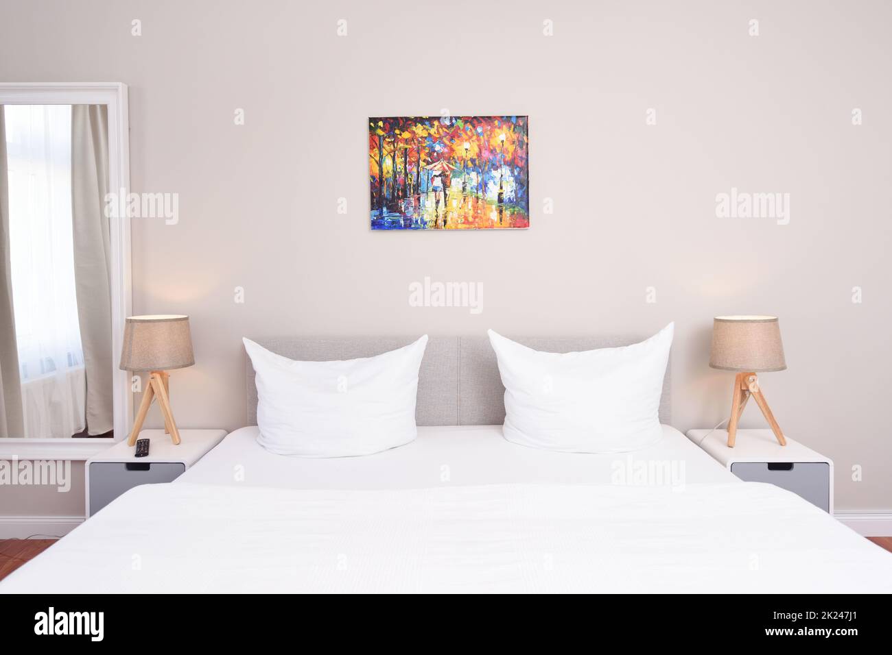 home bed room interior indoor white bed wooden floor backlight window ...