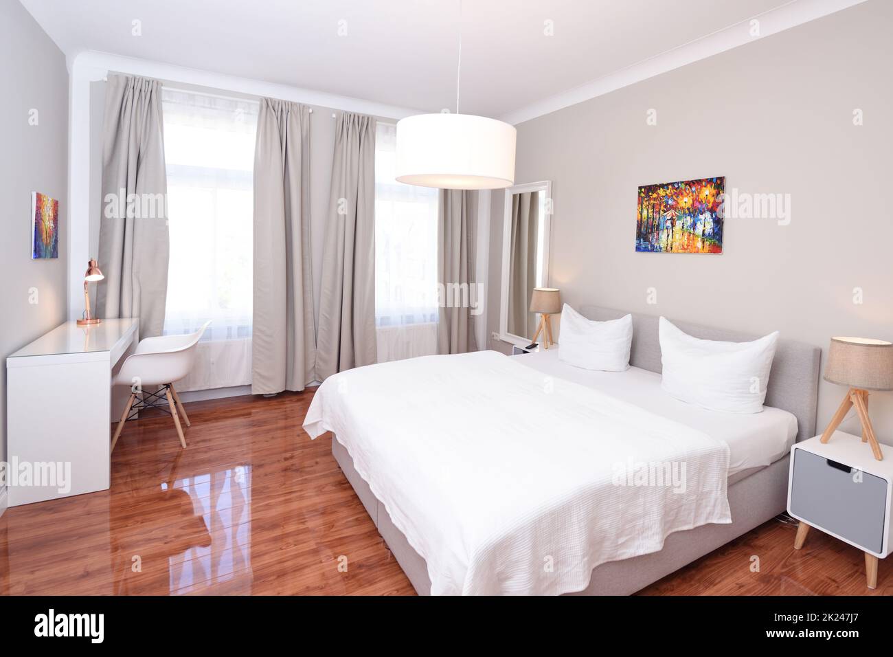 home bed room interior indoor white bed wooden floor backlight window ...